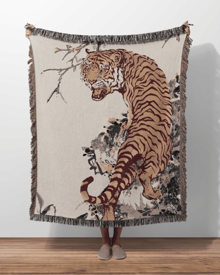 Vintage Asian Tiger Wall Art Throw Woven Blanket Tapestry